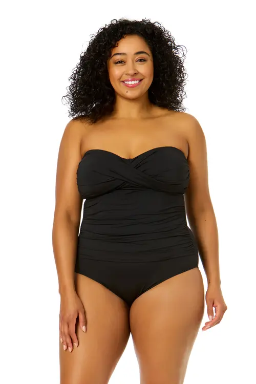 ANNE COLE PLUS Plus Twist Front Shirred One Piece Swimsuit - Black
