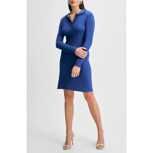 ISAAC MIZRAHI NEW YORK Ruffle Collar Knit Dress - French Blue