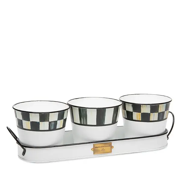 MACKENZIE-CHILDS Spectator Set Of 3 Galvanized Herb Pots With Tray - Black/white