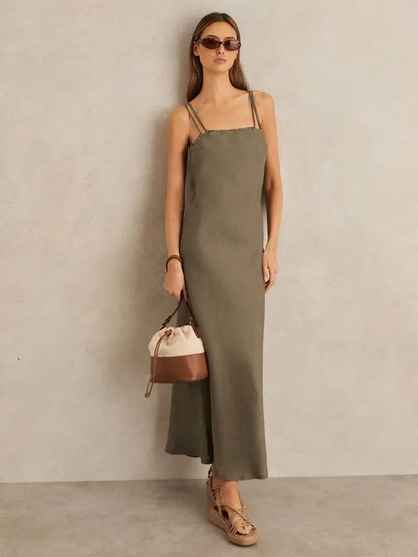 REISS Roxanne Linen Midi Slip Dress - Khaki