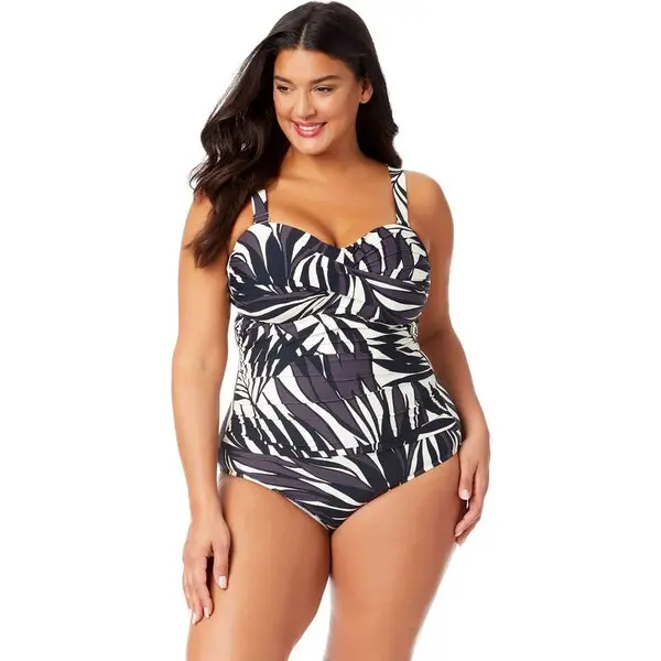 ANNE COLE PLUS Drape Front Underwire Tankini Swim Top - Palm Chic