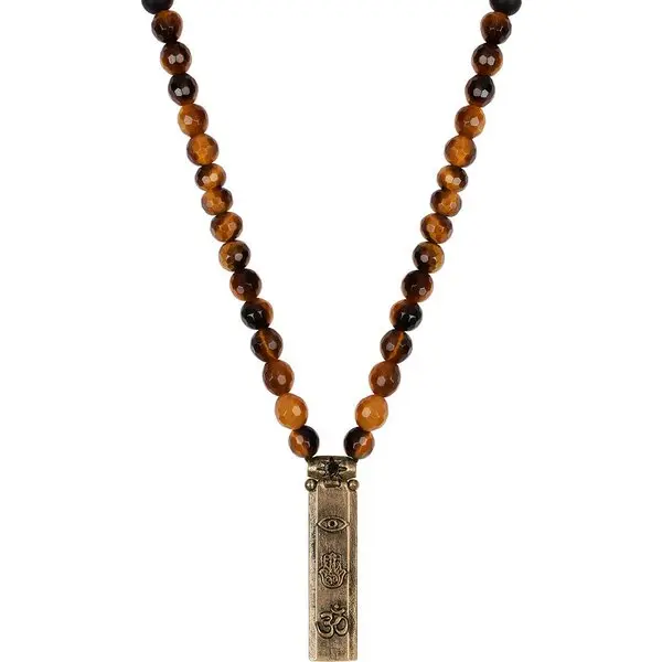 KARMA AND LUCK Fearless Spirit Tiger's Eye And Onyx 3 Symbol Necklace - Brown