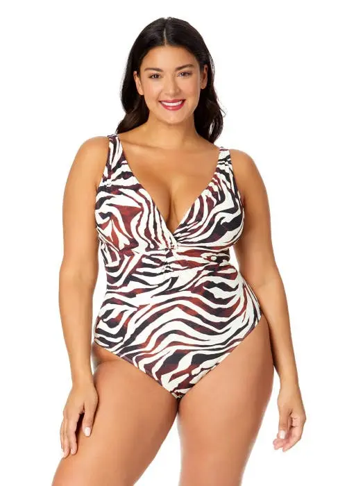 ANNE COLE PLUS Plunge Twist One-piece Swimsuit - Tiger Dance
