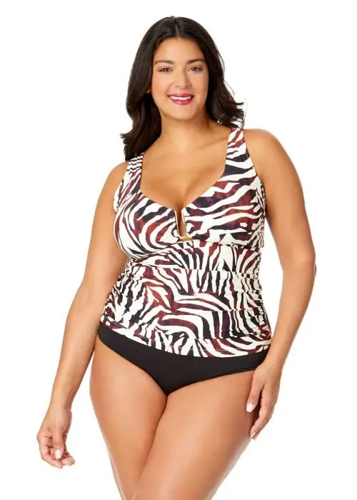 ANNE COLE PLUS Plus Ring Front Tankini Swim Top - Tiger Dance