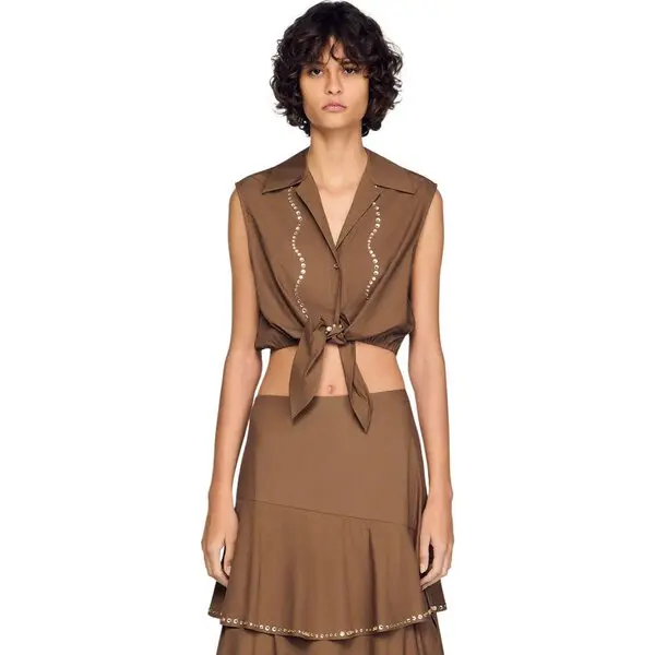 Sandro Rhinestone Embellished Cropped Shirt - Brown