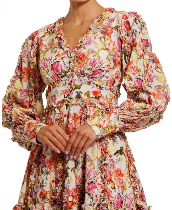 Mac Duggal Ruffle Floral V-neck Cotton Mini Dress