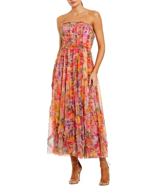 Mac Duggal Mesh Micro Ruffle Strapless Gown - Multi