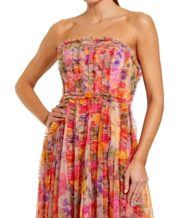 Mac Duggal Mesh Micro Ruffle Strapless Gown - Multi