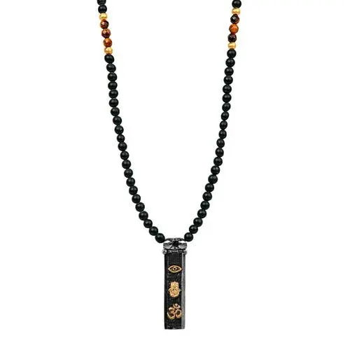 KARMA AND LUCK Onyx And Tiger's Eye Beaded Necklace With Symbols - Black