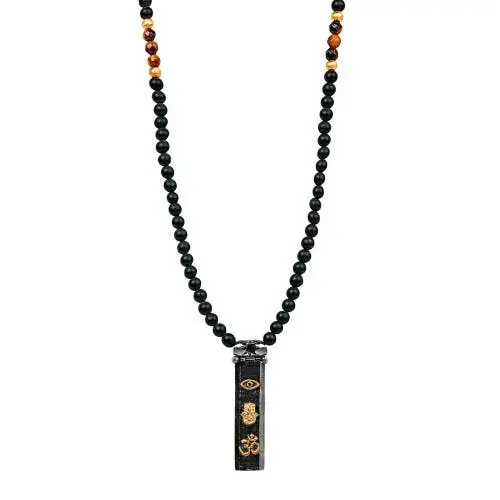 KARMA AND LUCK Onyx And Tiger's Eye Beaded Necklace With Symbols - Black