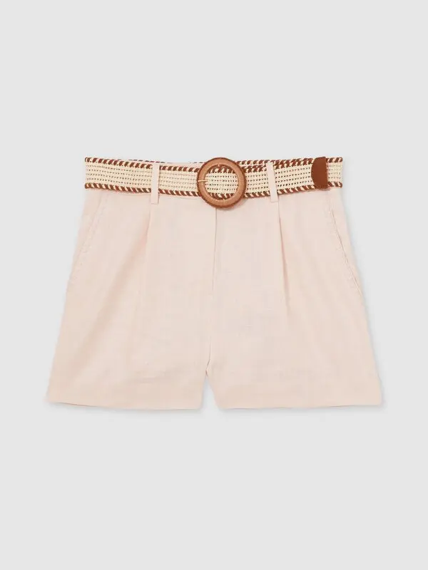 REISS Beau Linen Belted Shorts - Pink