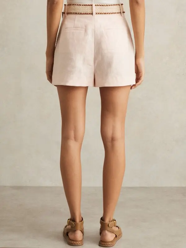 REISS Beau Linen Belted Shorts - Pink