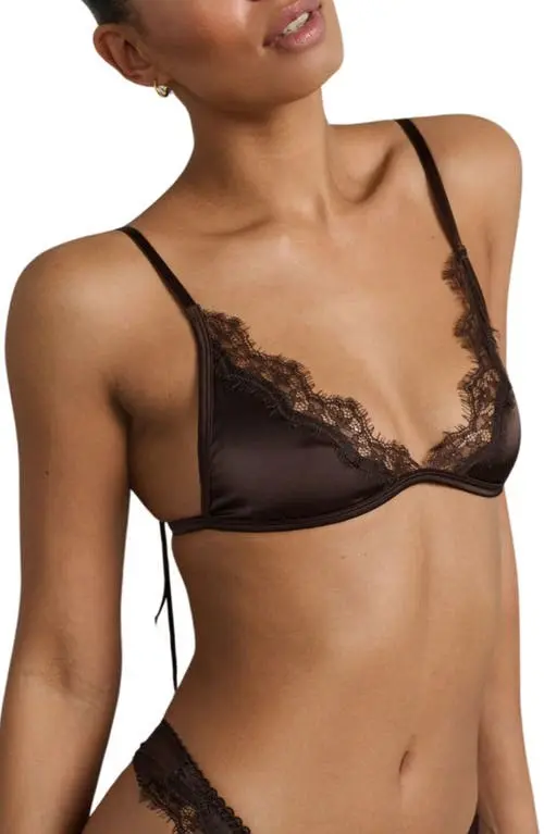 KAT THE LABEL Sorrento Eyelash Lace Trim Satin Bralette - Espresso