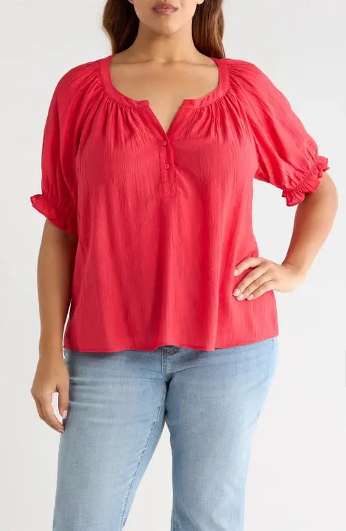 LIVERPOOL Crinkled Puff Sleeve Top - Cherry Rose
