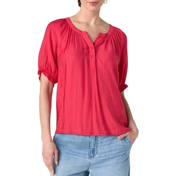 LIVERPOOL Crinkled Puff Sleeve Top - Cherry Rose