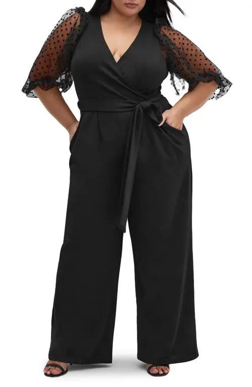 City Chic Asher Dotted Tulle Puff Sleeve Belted Jumpsuit - Black