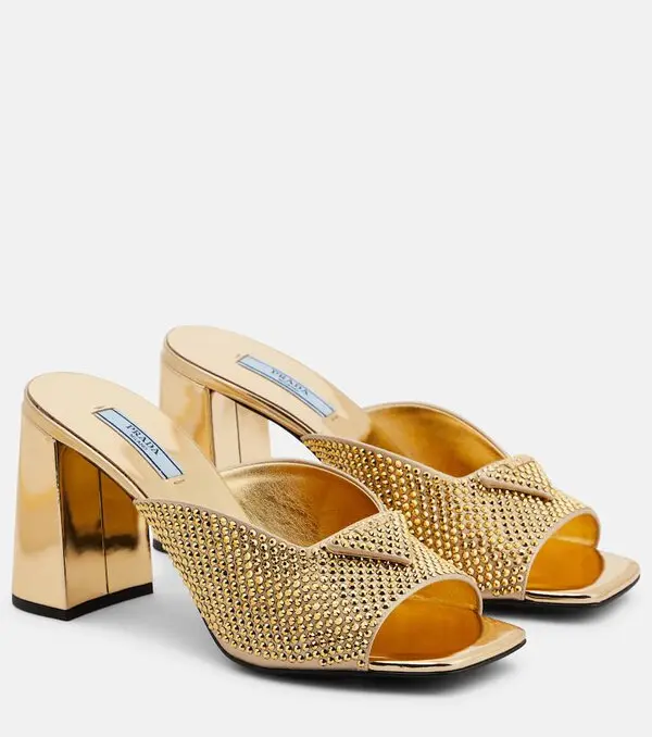 Prada Crystal-embellished Mules - Gold