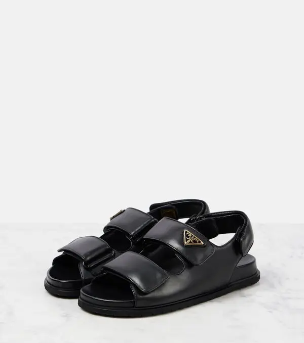 Prada Logo Leather Sandals - Black