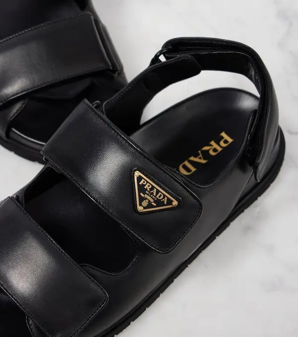 Prada Logo Leather Sandals - Black