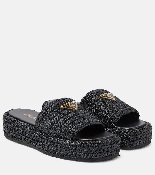 Prada Logo Espadrille Slides - Black