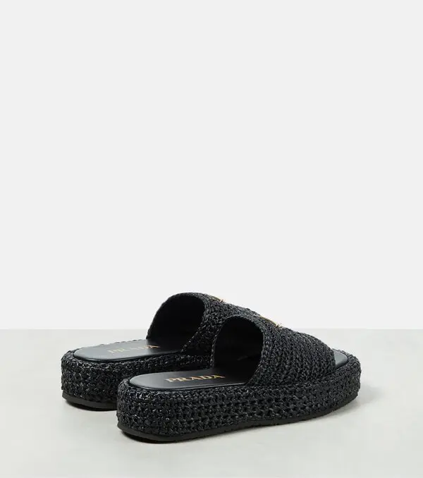 Prada Logo Espadrille Slides - Black