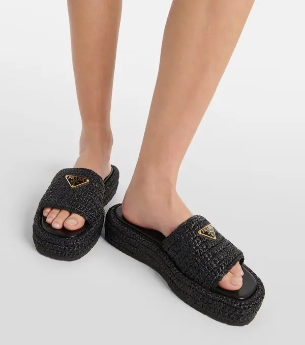 Prada Logo Espadrille Slides - Black