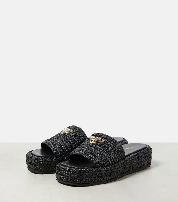Prada Logo Espadrille Slides - Black