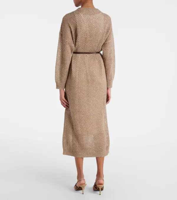 Brunello Cucinelli Belted Knitted Midi Dress - Brown