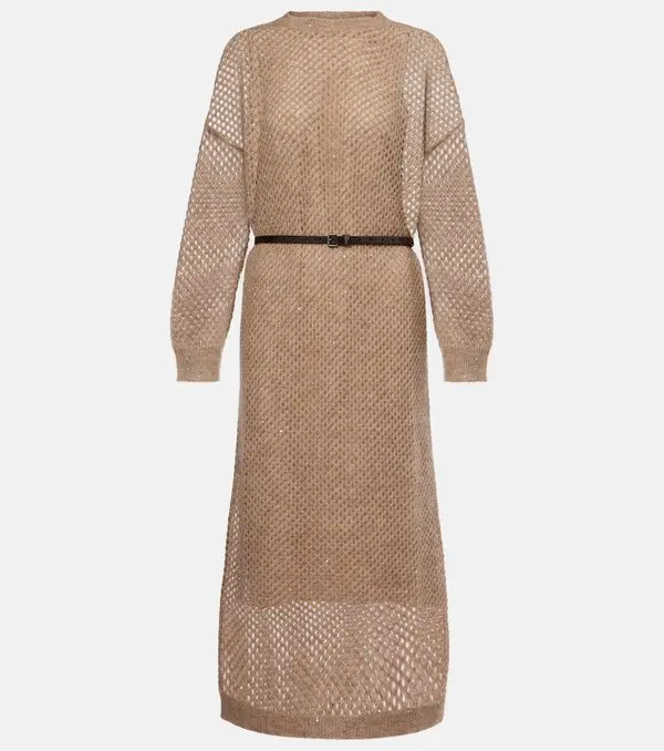 Brunello Cucinelli Belted Knitted Midi Dress - Brown