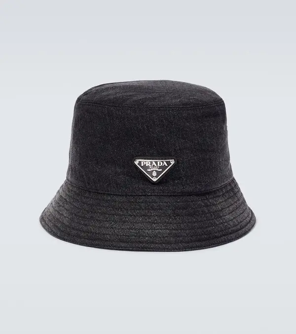Prada Logo Plaque Denim Bucket Hat - Black
