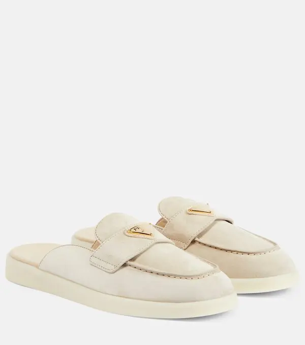 Prada Logo Suede Slippers - Beige