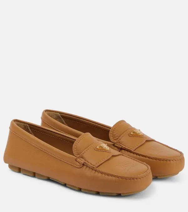 Prada Logo Leather Moccasins - Brown