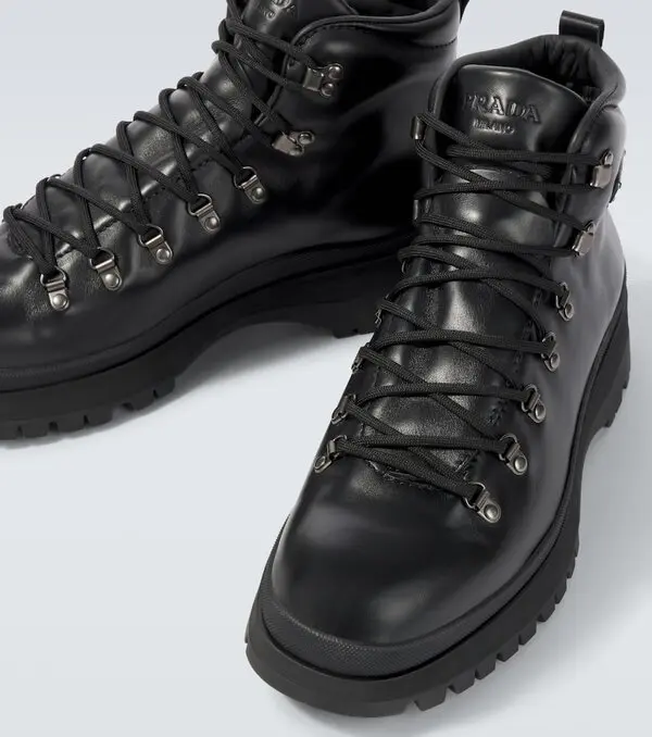 Prada Brixxen Leather Lace-up Boots - Black