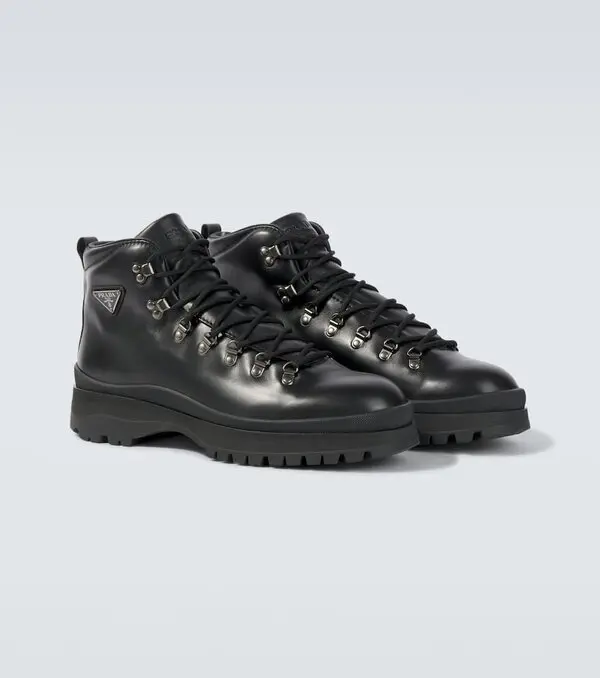 Prada Brixxen Leather Lace-up Boots - Black