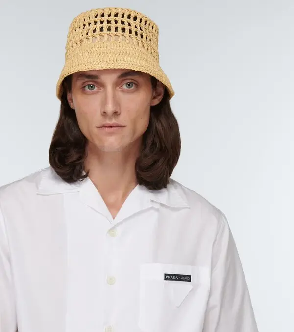 Prada Raffia Bucket Hat - Beige