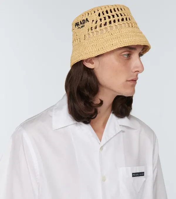 Prada Raffia Bucket Hat - Beige