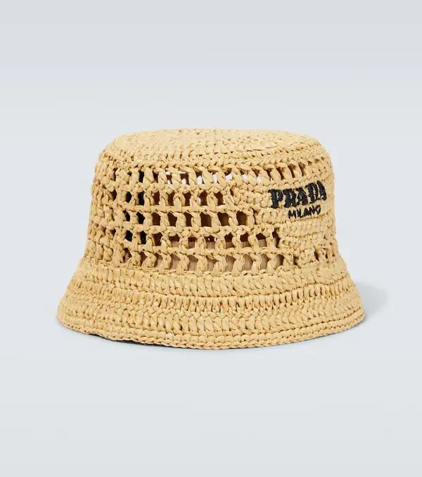 Prada Raffia Bucket Hat - Beige