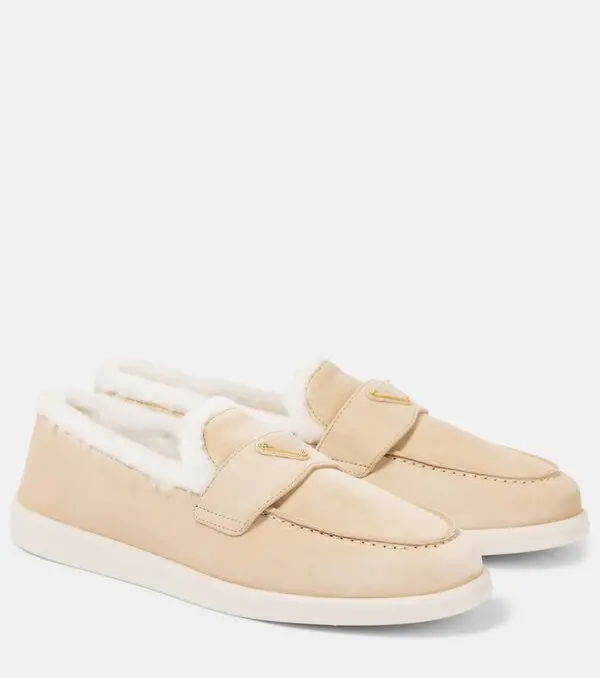 Prada Shearling-lined Suede Loafers - Beige