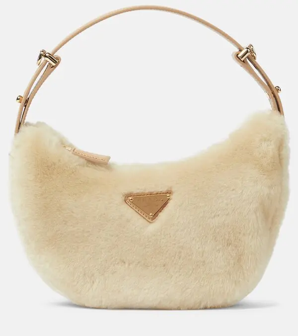 Prada Arqué Shearling Shoulder Bag - White