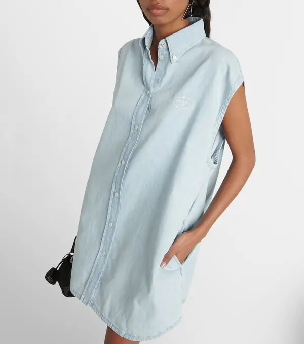 prada denim shirt dress Prada Short-Sleeve Belted Denim Mini Dress