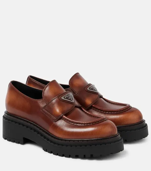 Prada Logo Leather Platform Loafers - Brown