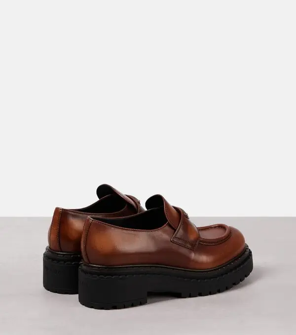 Prada Logo Leather Platform Loafers - Brown
