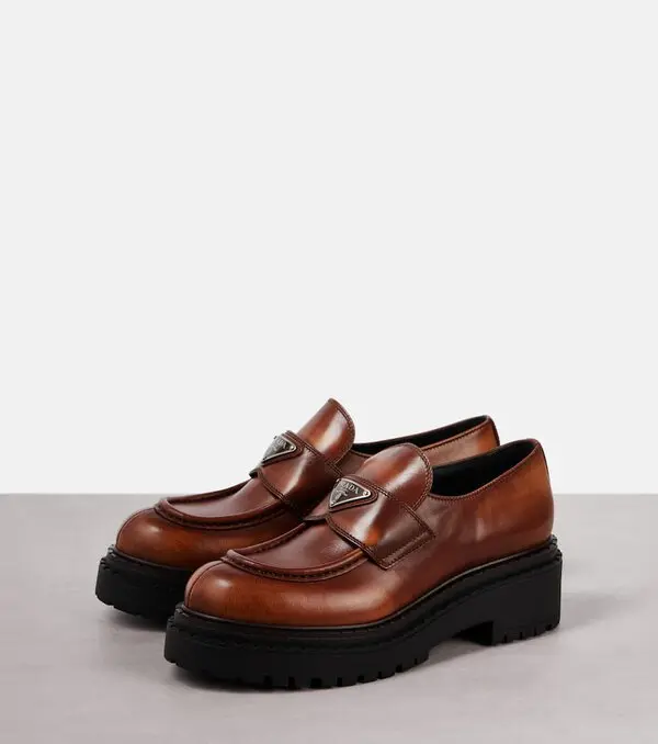 Prada Logo Leather Platform Loafers - Brown