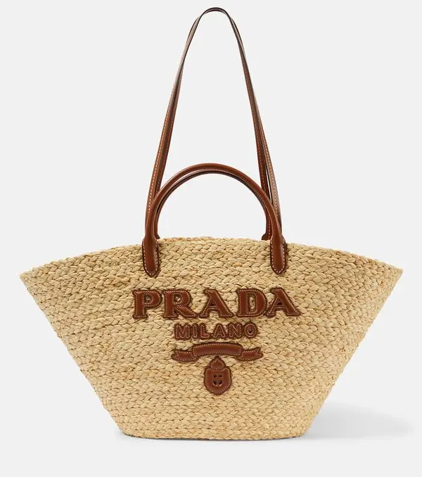 Prada Logo Leather-trimmed Raffia Basket Bag
