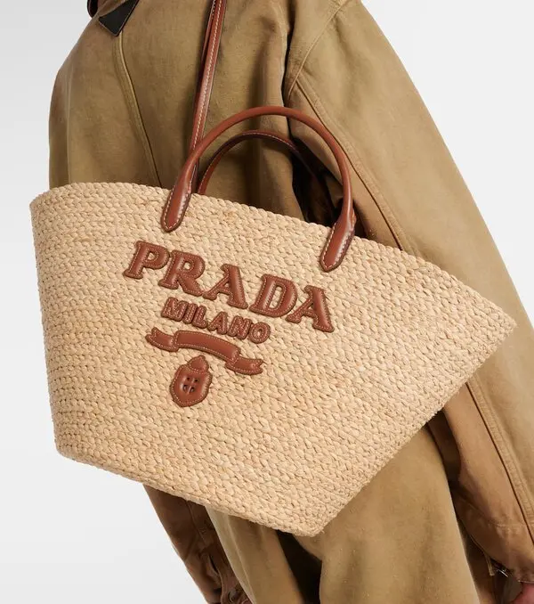 Prada Logo Leather-trimmed Raffia Basket Bag