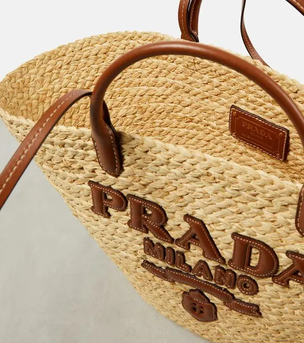 Prada Logo Leather-trimmed Raffia Basket Bag