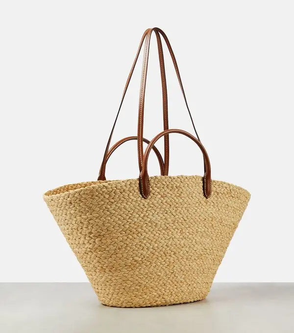 Prada Logo Leather-trimmed Raffia Basket Bag