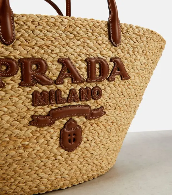 Prada Logo Leather-trimmed Raffia Basket Bag