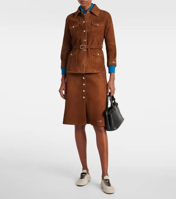 Prada Belted Suede Midi Skirt