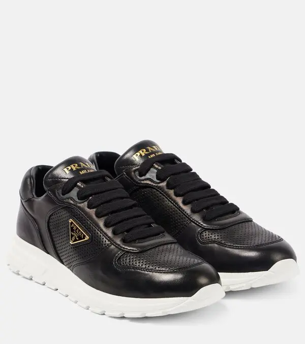 Prada Logo Leather Sneakers - Black